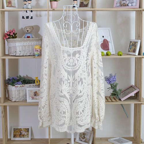 Embroidered Beige Lace Sheer Top on Luulla
