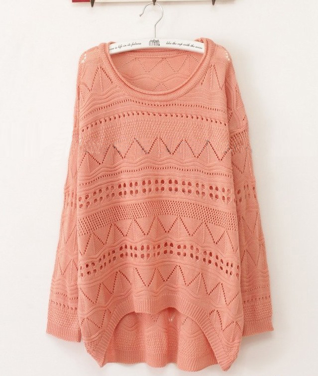 Pink Curved Hum Knit Holey Texture Sweater on Luulla