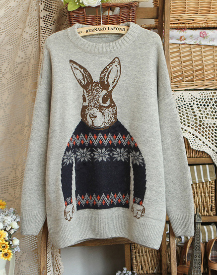 Beige Cute Rabbit Jacquard Round Neck Sweater on Luulla
