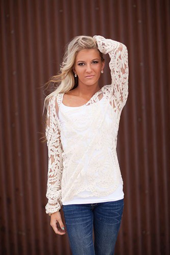 Embroidered Beige Lace Sheer Top on Luulla