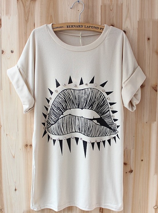 Lips Pattern Roll Sleeve T-shirt on Luulla