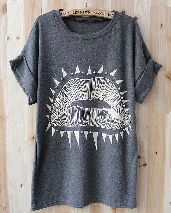 Lips Pattern Roll Sleeve T-shirt on Luulla