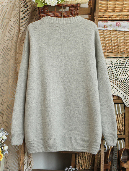 Beige Cute Rabbit Jacquard Round Neck Sweater on Luulla